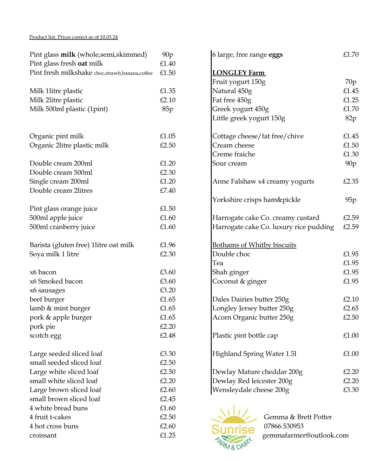 Products - Sunrise Farm & Dairy