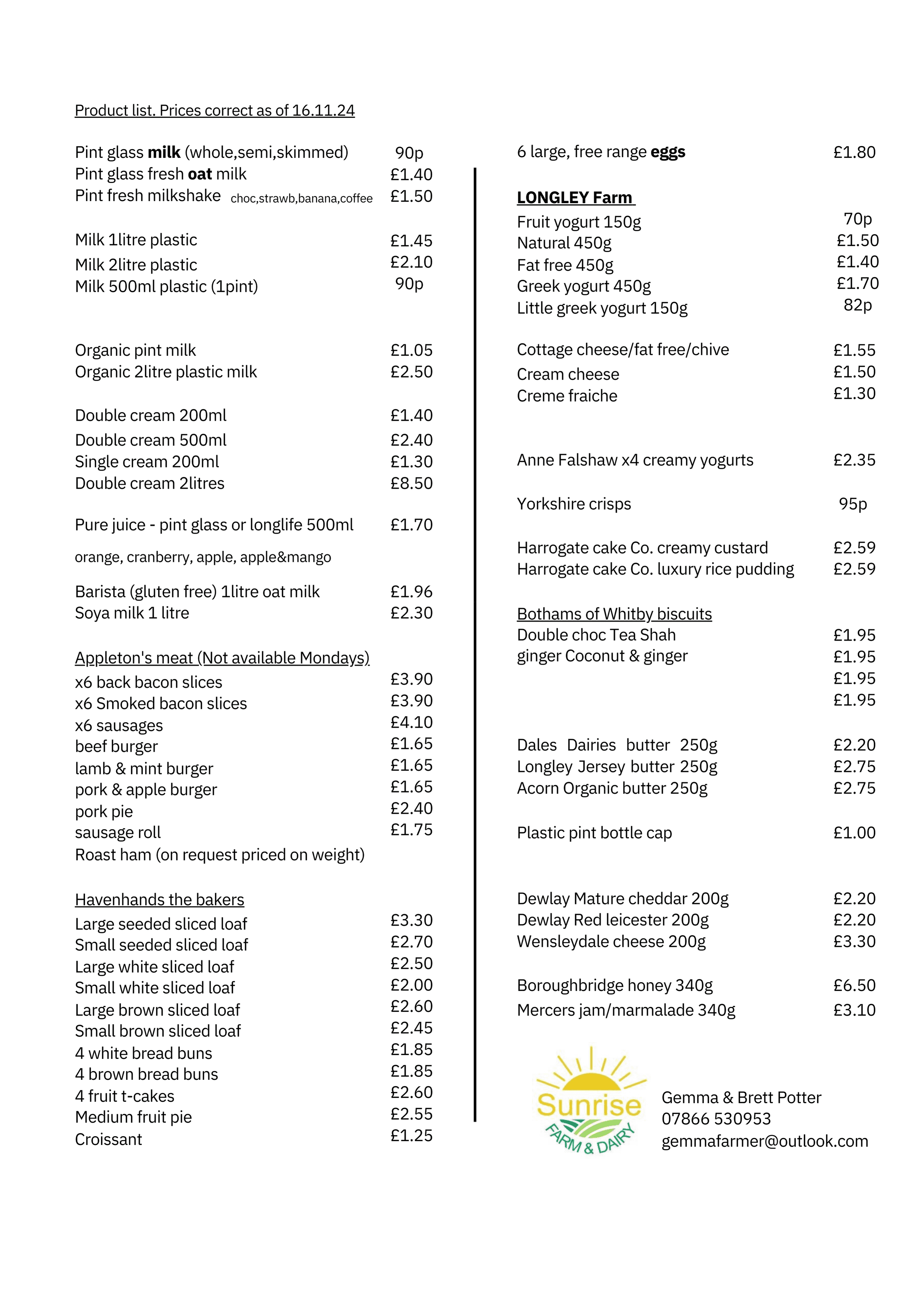 Products - Sunrise Farm & Dairy